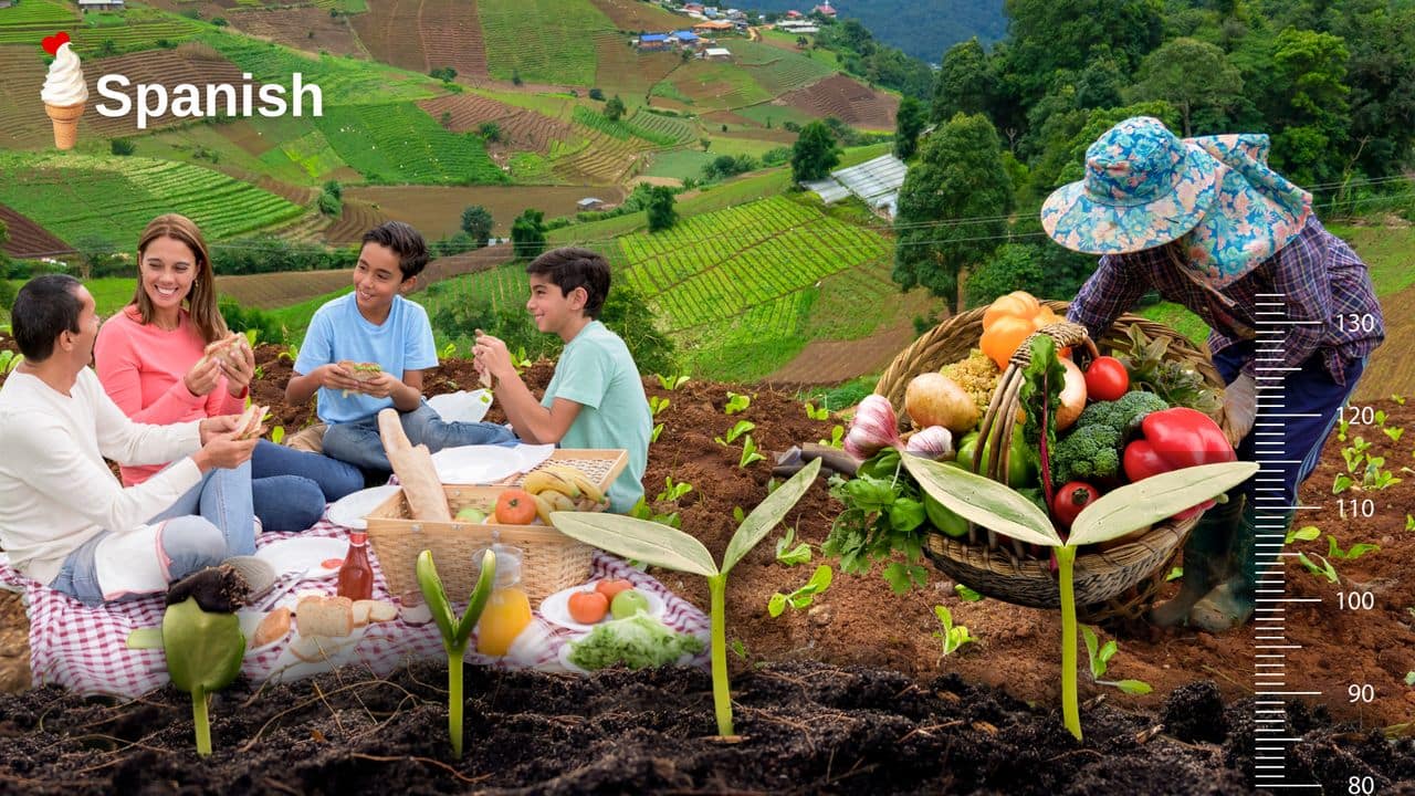 Family picnic at garden with baby plants growing - Ice Cream Spanish